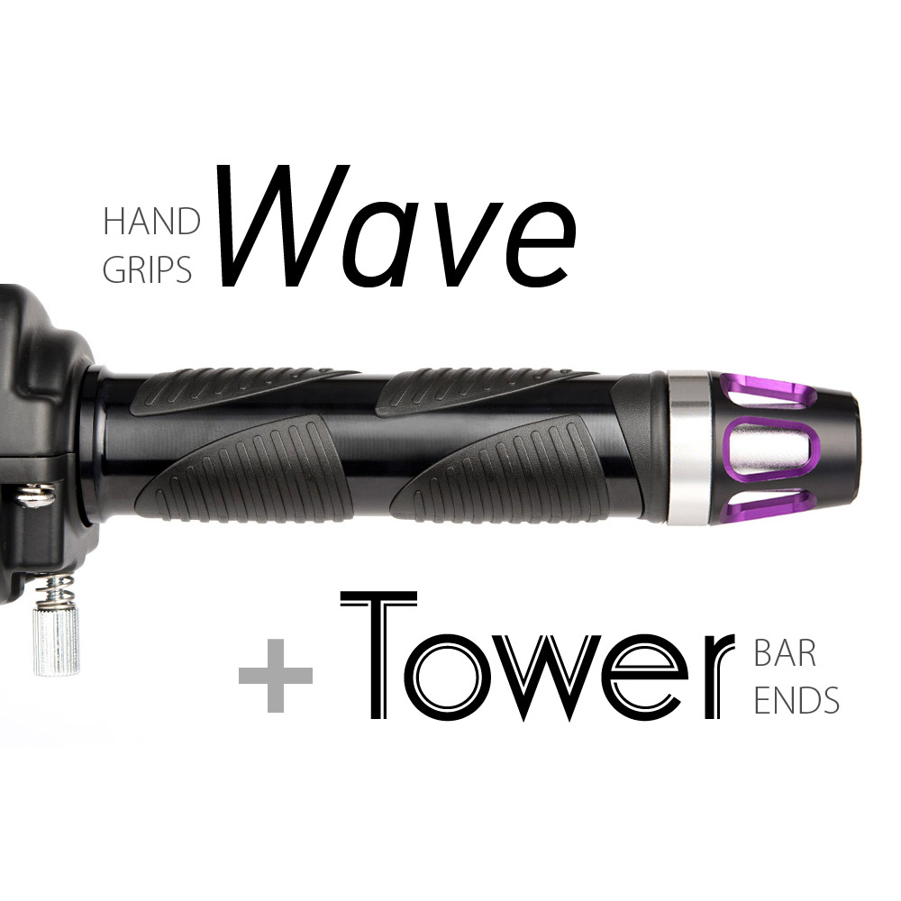 All Products: Wave grips black with purple Tower silver base bar ends
